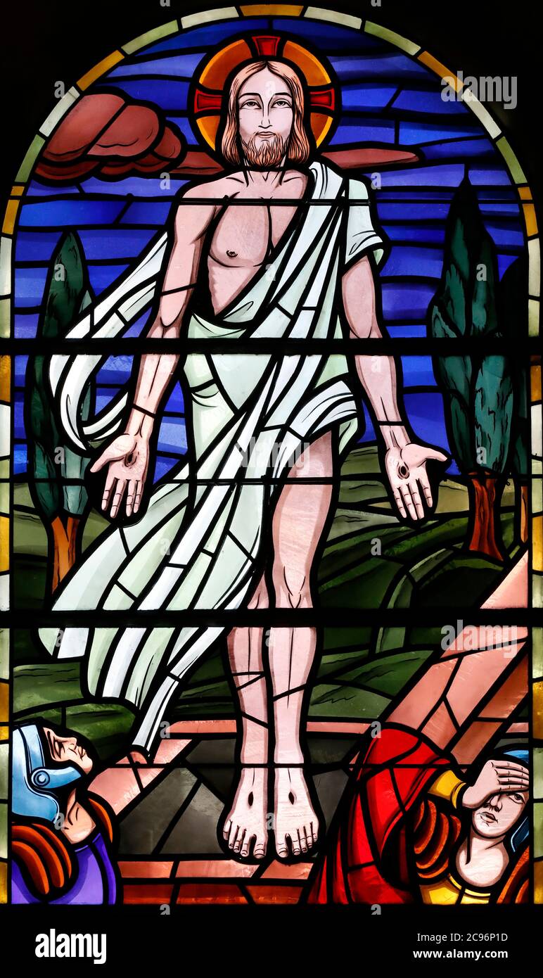 Saint Maurice church. Stained glass window. The resurrection of Jesus ...
