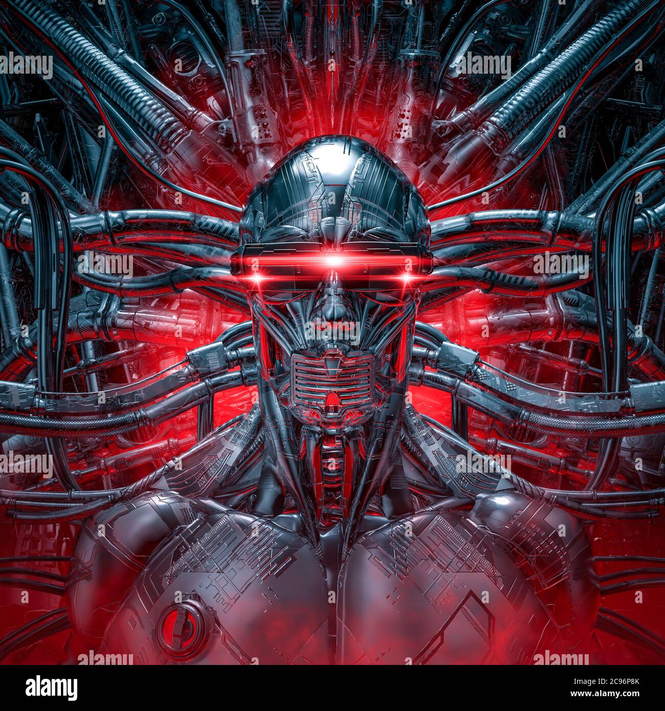 The dark sentinel / 3D illustration of futuristic metallic science ...