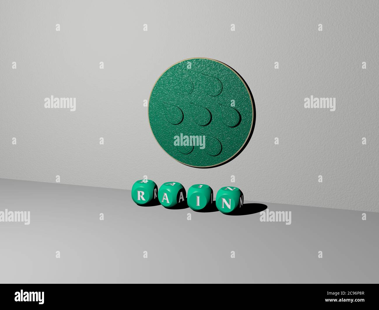 3D illustration of RAIN graphics and text made by metallic dice letters ...