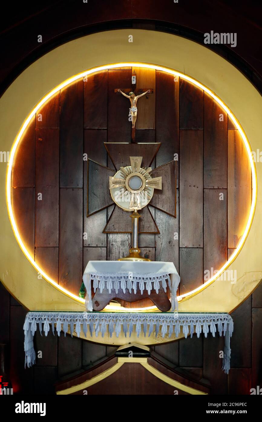 Buon Ma Thuot Cathedral. A consecrated host placed in a monstrance for ...