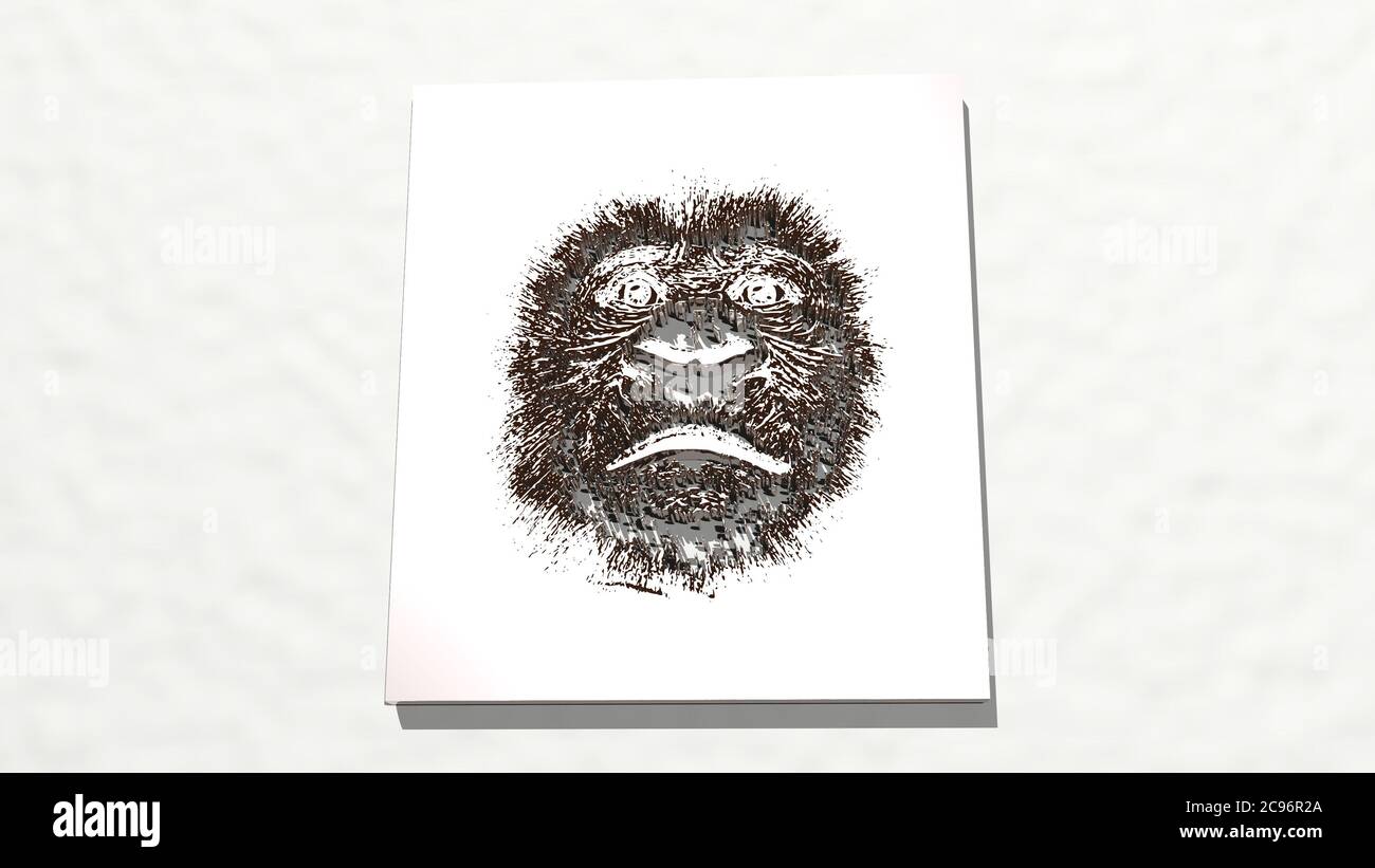 MONKEY on the wall. 3D illustration of metallic sculpture over a white ...