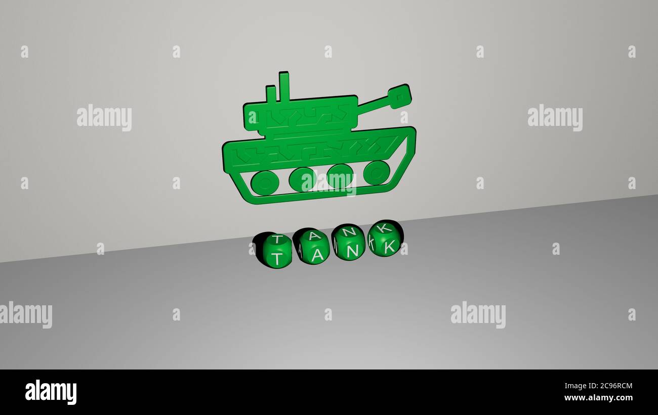 3D graphical image of TANK vertically along with text built by metallic ...