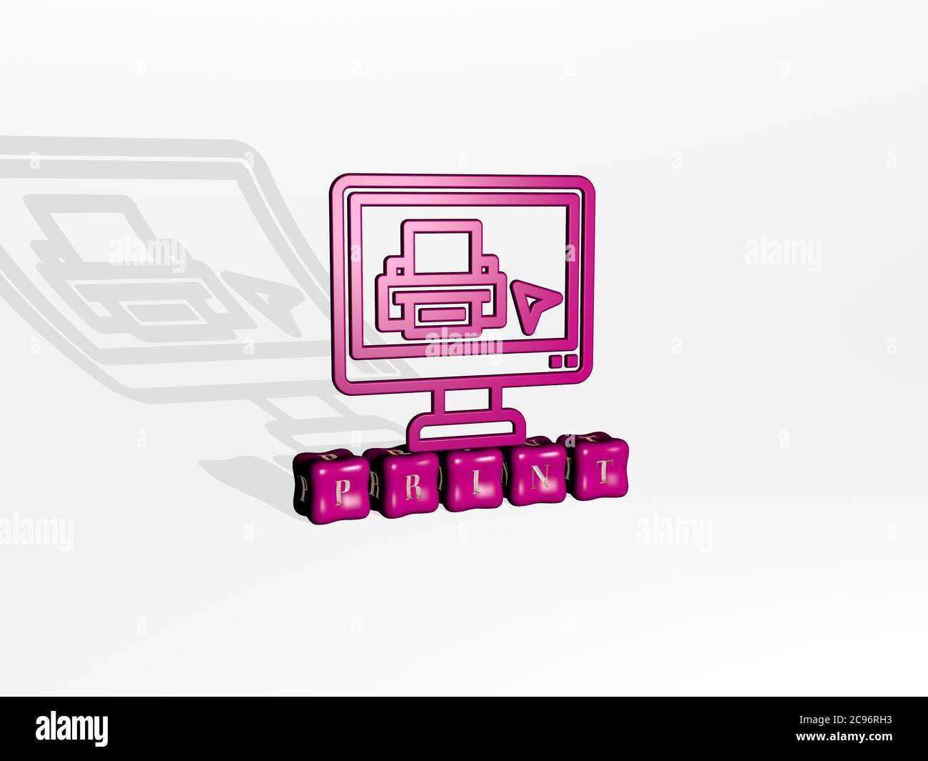 3D illustration of PRINT graphics and text made by metallic dice ...