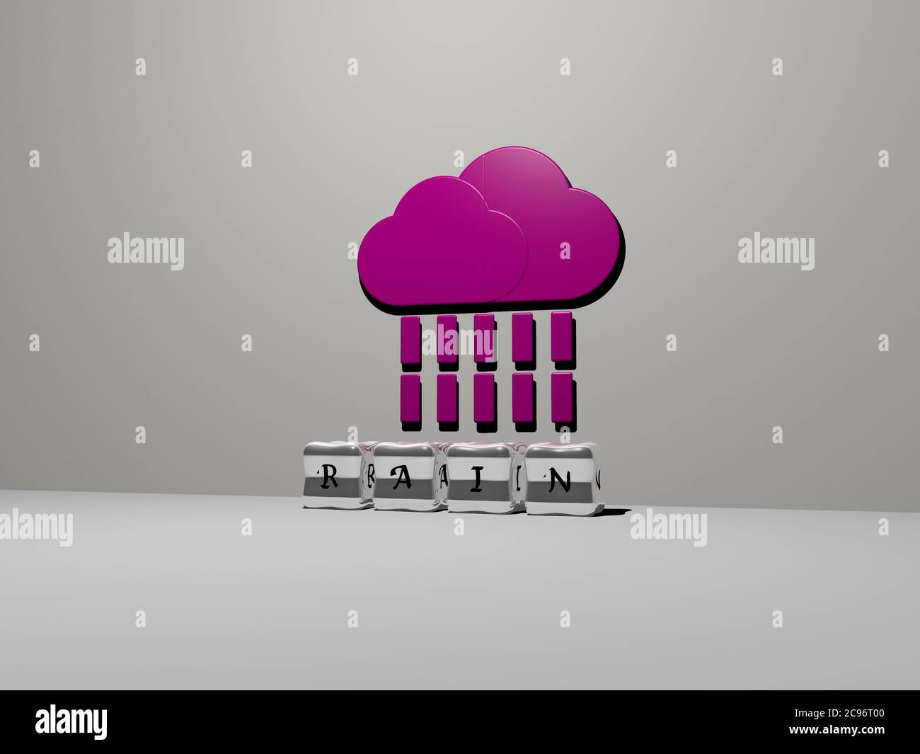 3D illustration of RAIN graphics and text made by metallic dice letters ...