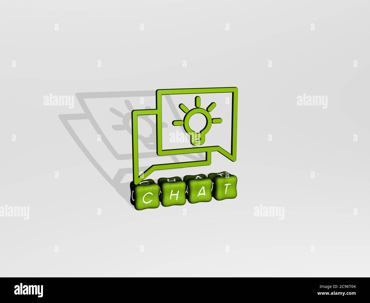 3D illustration of chat graphics and text made by metallic dice letters ...