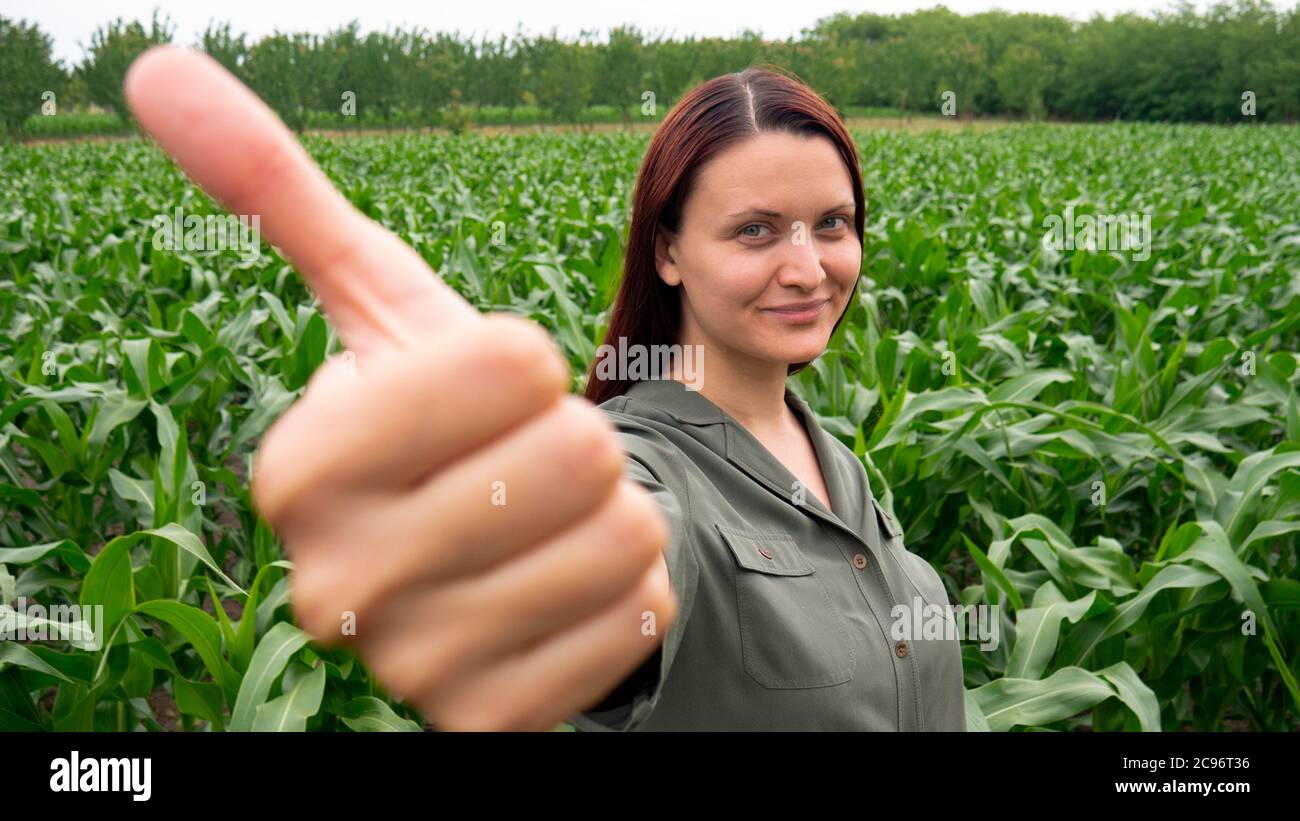 A smiling female farmer giving thumbs up on a corn field Stock Photo ...