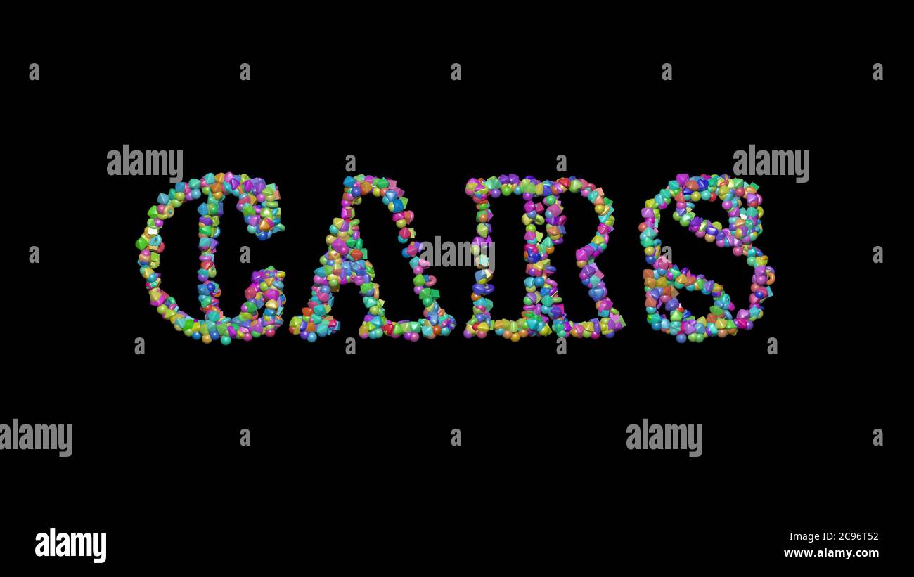 Colorful 3D writing of cars text with small objects over a dark ...