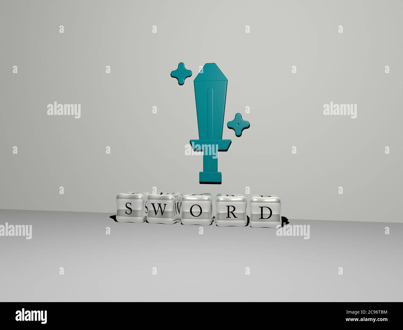 3D illustration of sword graphics and text made by metallic dice ...