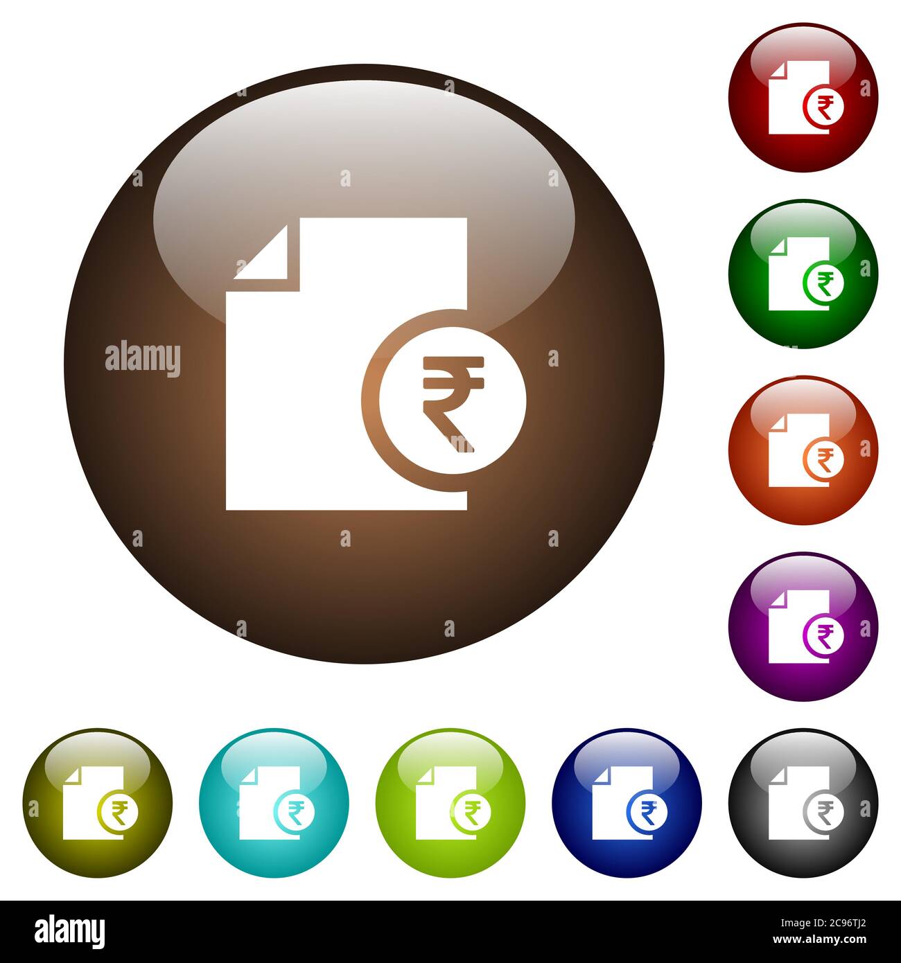 Indian Rupee financial report white icons on round color glass buttons ...