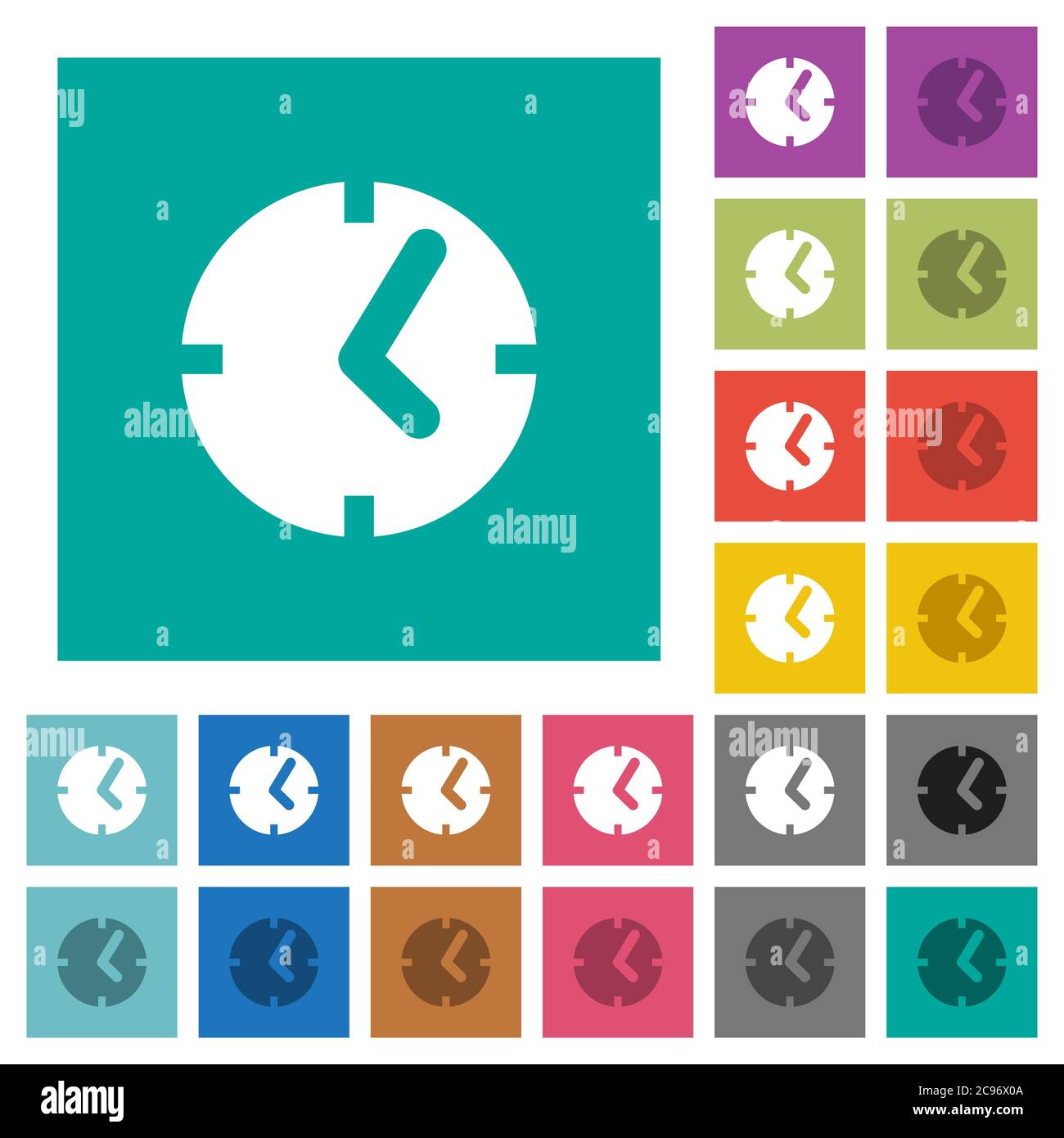 Clock multi colored flat icons on plain square backgrounds. Included ...