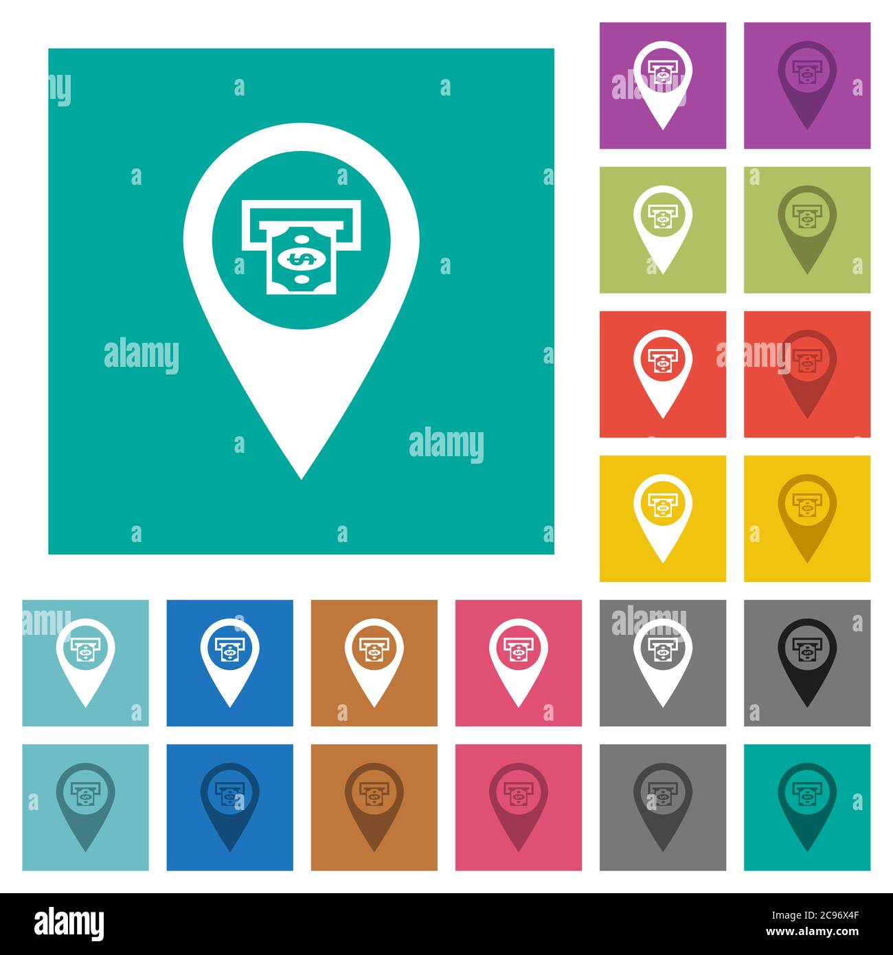 Bank ATM GPS map location multi colored flat icons on plain square ...