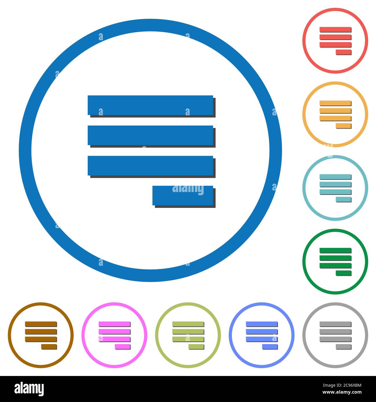 Text align justify last row right flat color vector icons with shadows in round outlines on ...