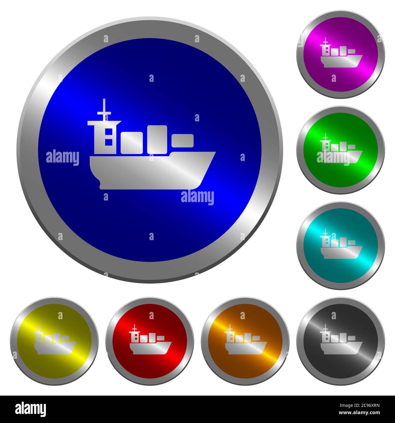 Sea transport icons on round luminous coin-like color steel buttons ...