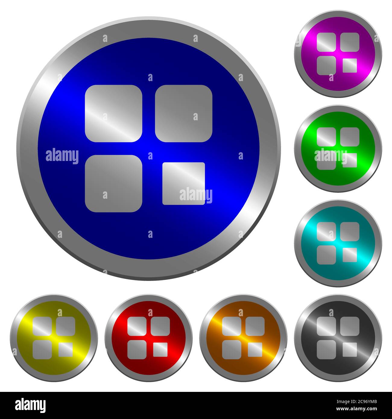 Component stop icons on round luminous coin-like color steel buttons ...
