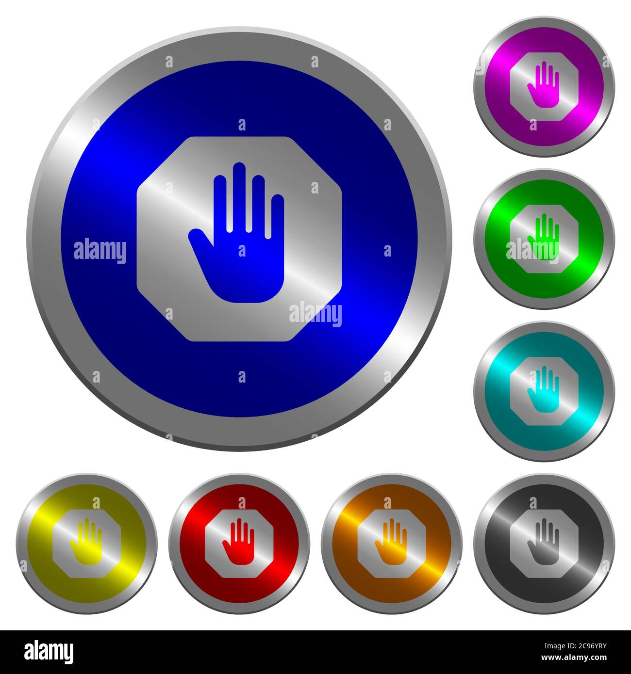 Octagon shaped stop sign icons on round luminous coin-like color steel ...