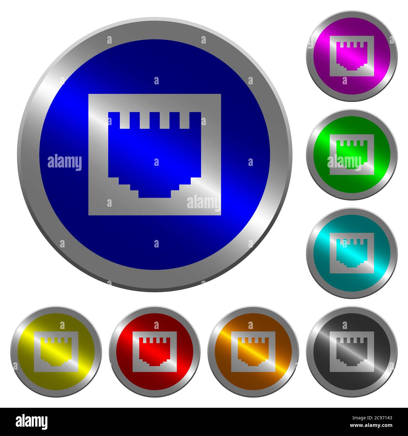 Ethernet connector icons on round luminous coin-like color steel ...