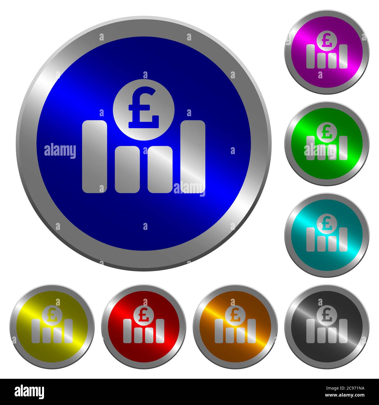 Pound financial graph icons on round luminous coin-like color steel ...