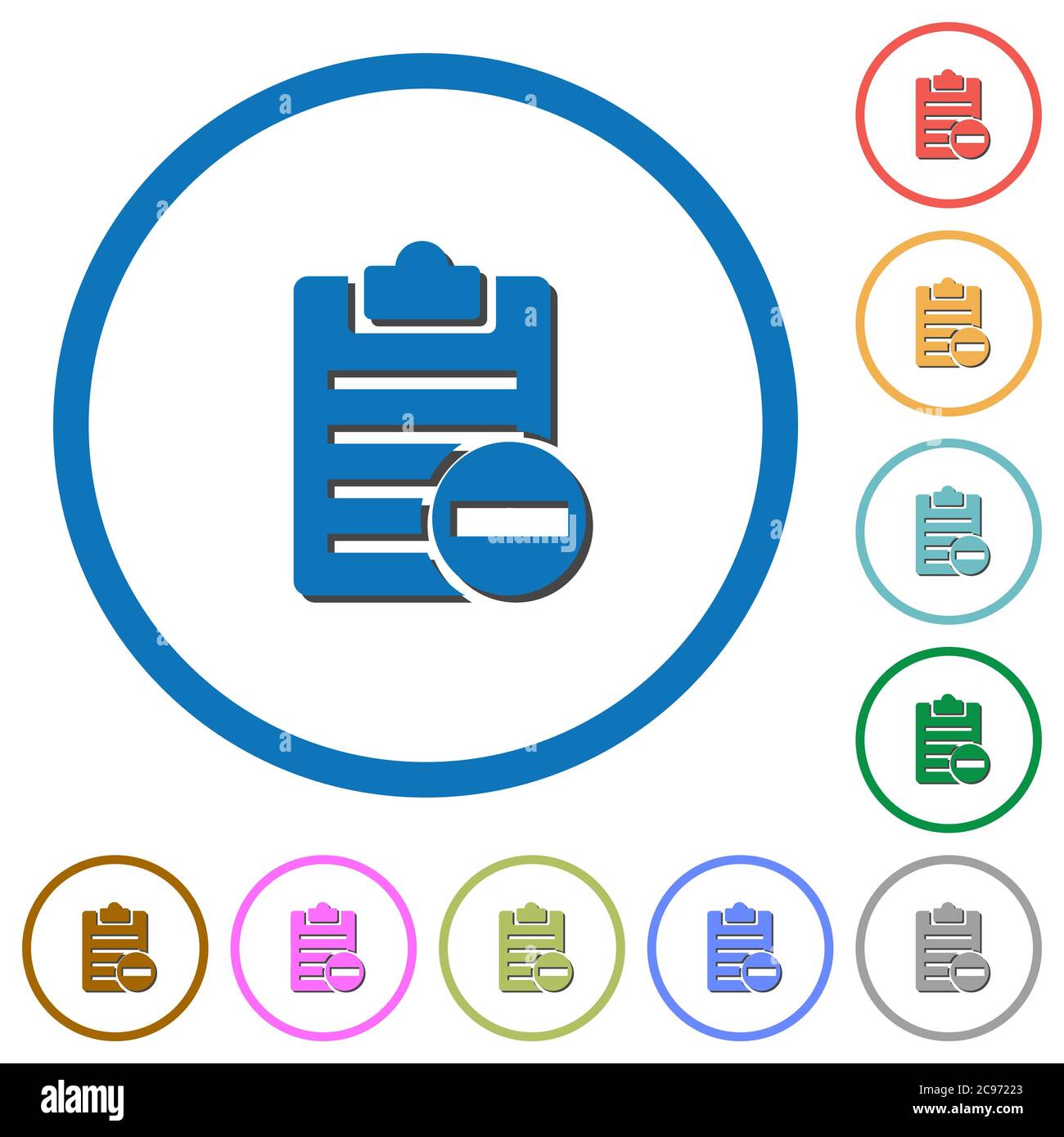 Remove note flat color vector icons with shadows in round outlines on ...