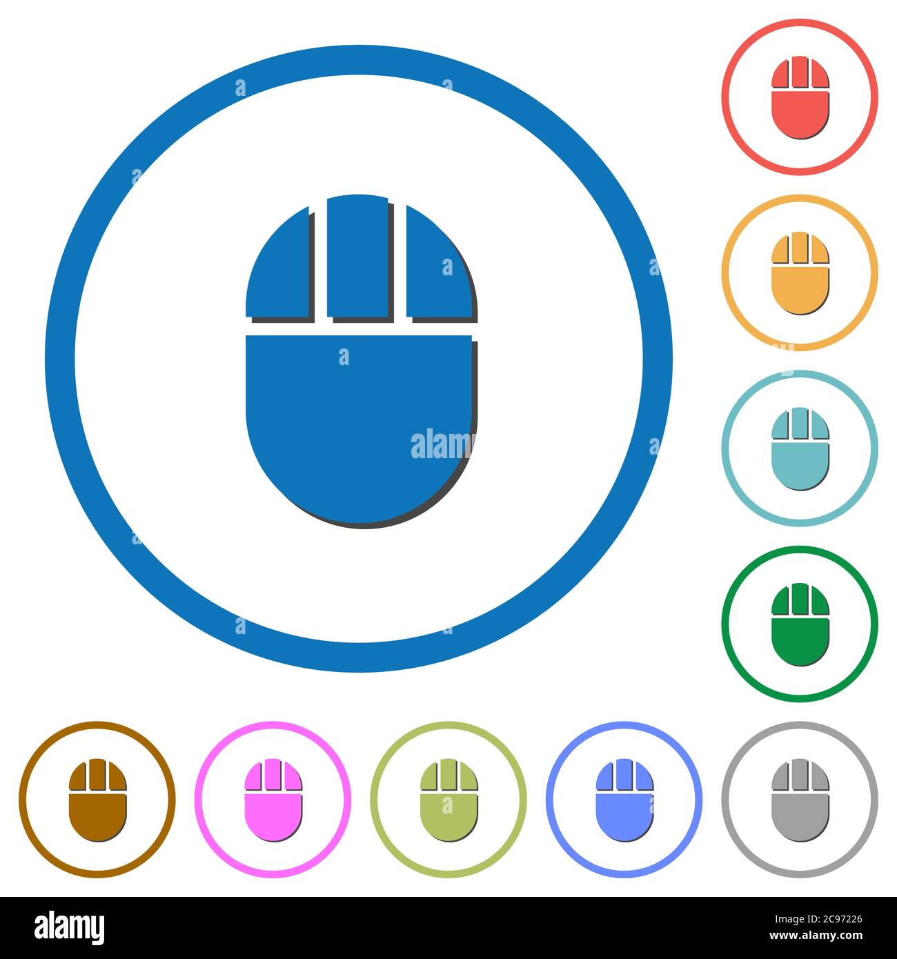 Three buttoned computer mouse flat color vector icons with shadows in ...