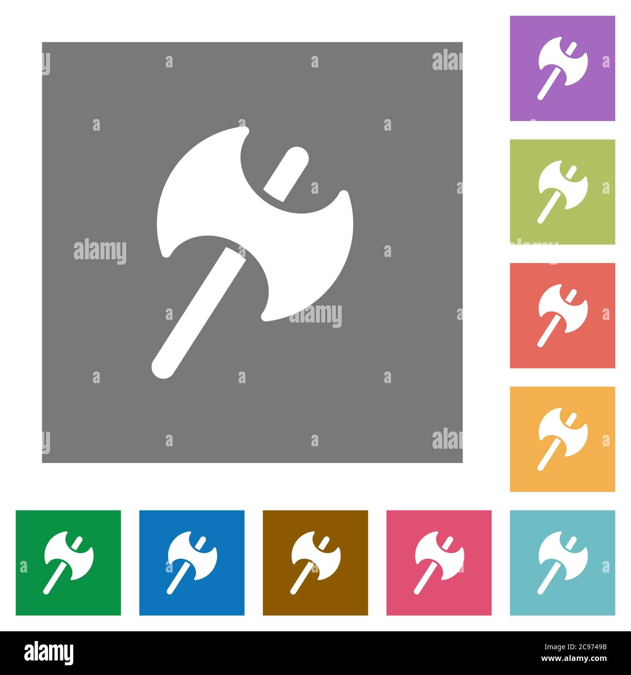 Two headed battle axe flat icons on simple color square backgrounds ...