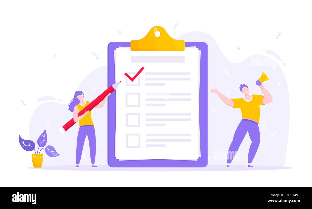 Task done business concept tiny people with megaphone, pencil nearby ...