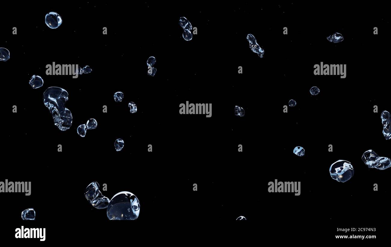 Beautiful transparent liquid bubbles fall into the camera, water ...