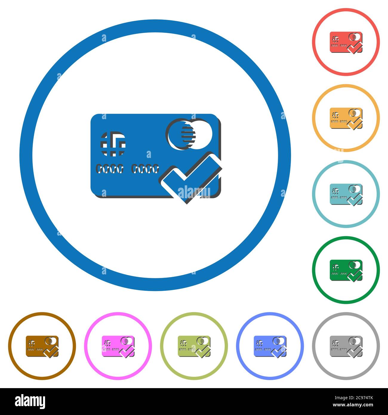 Accept credit card flat color vector icons with shadows in round ...