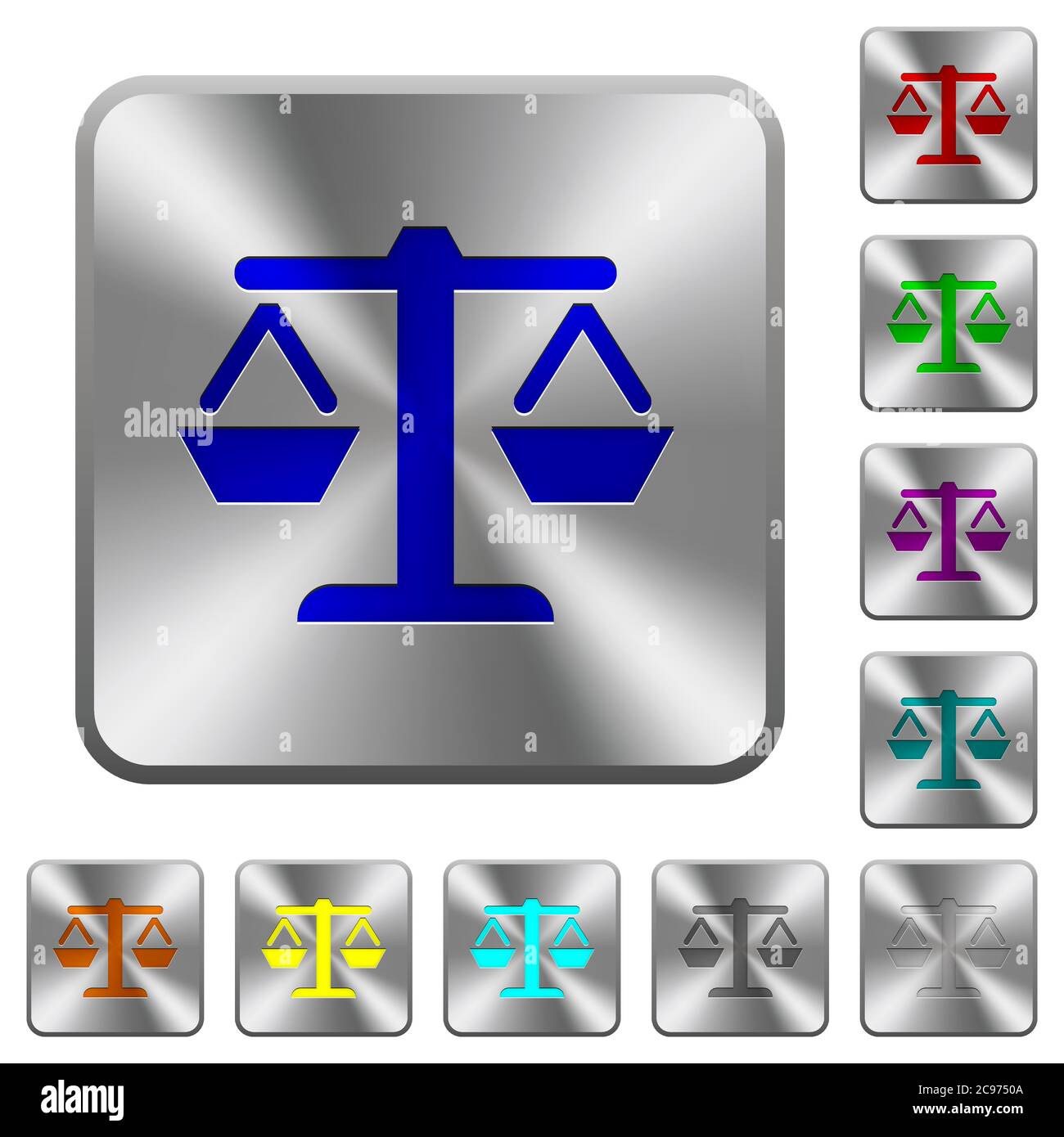 Balance engraved icons on rounded square glossy steel buttons Stock ...