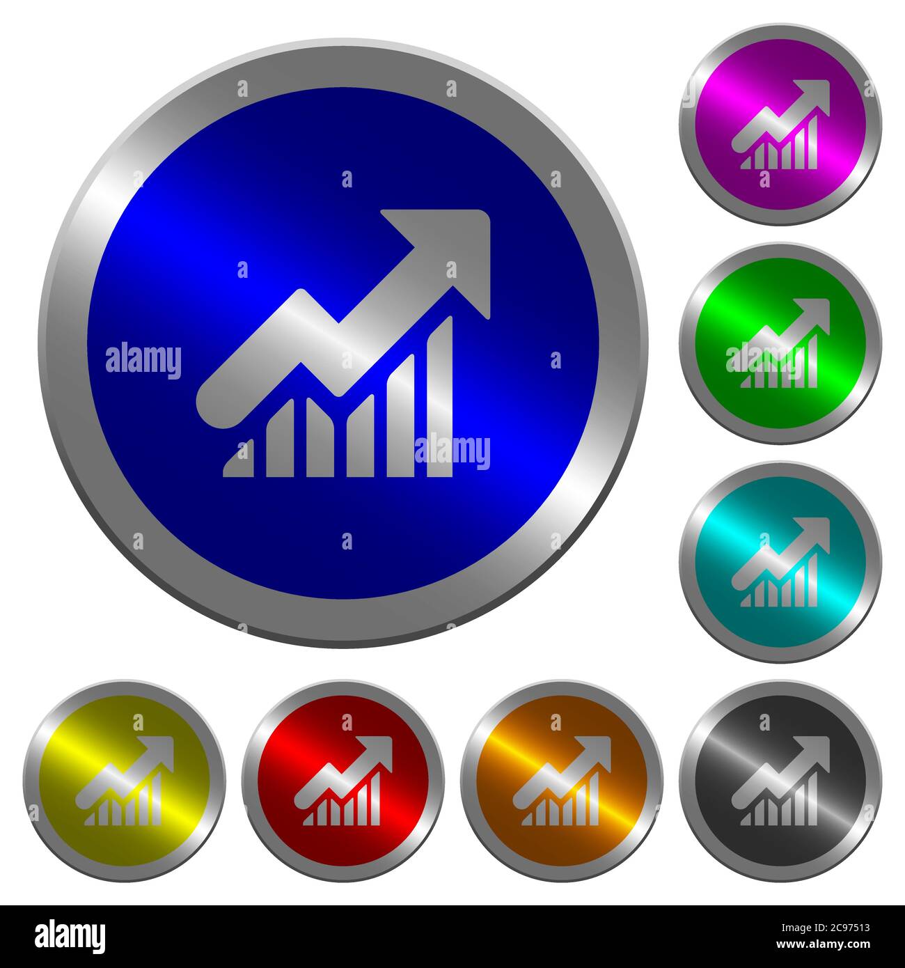 Rising graph icons on round luminous coin-like color steel buttons ...