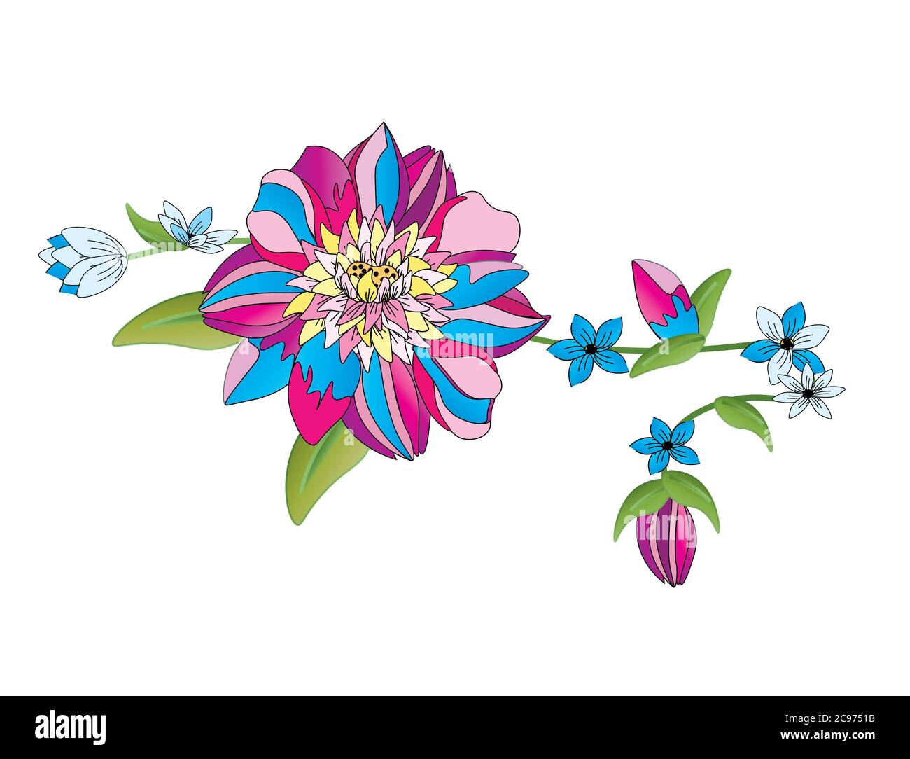 Graphic illustration of colorful flower and string of other flowers ...
