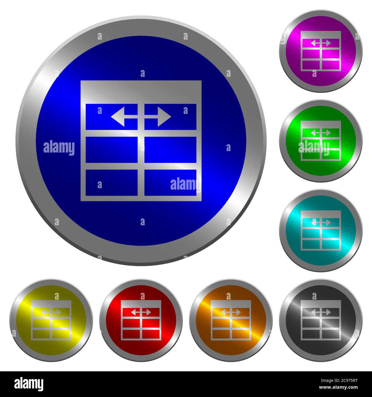 Spreadsheet adjust table column width icons on round luminous coin-like color steel buttons ...