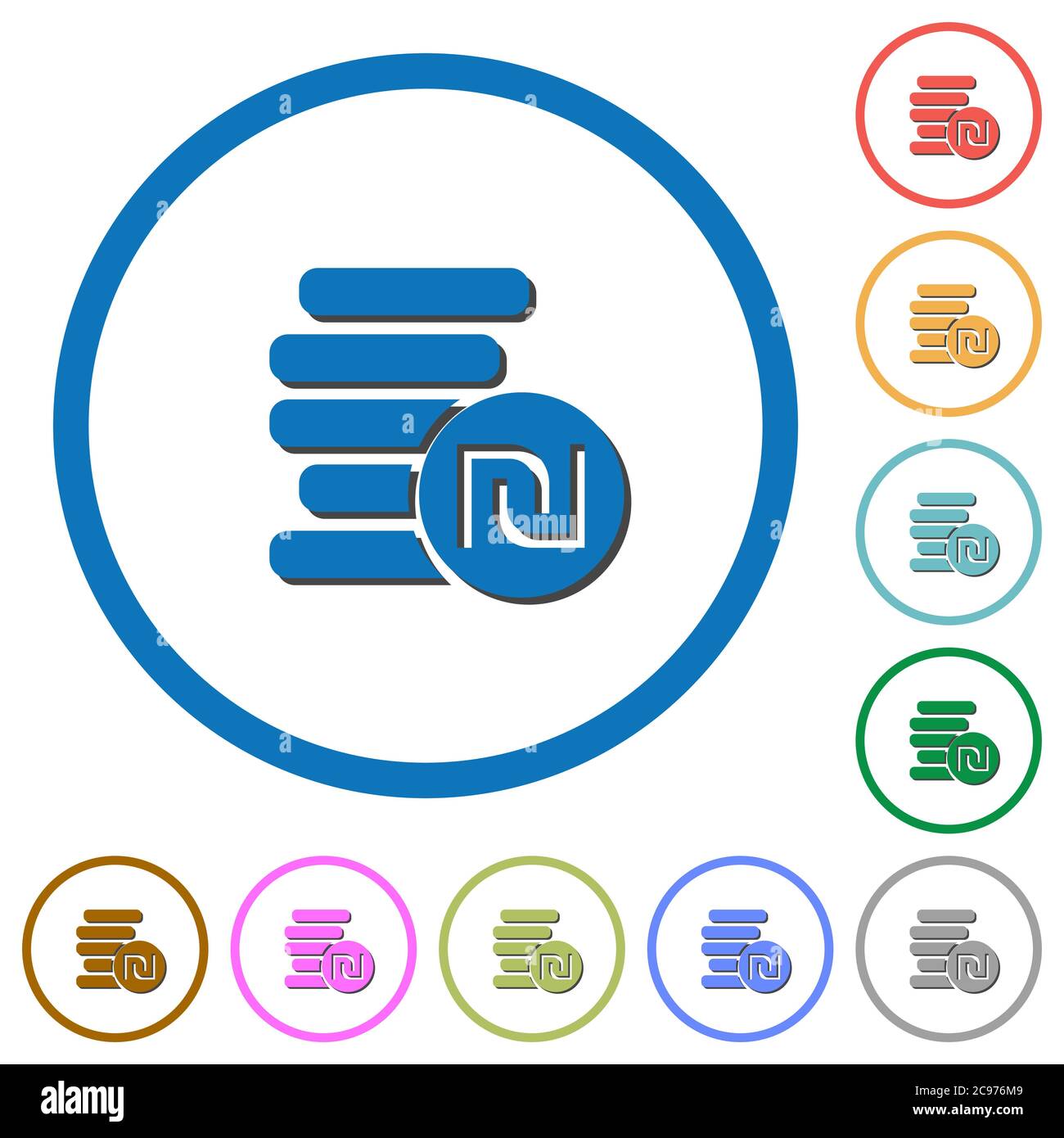 Israeli new Shekel coins flat color vector icons with shadows in round ...
