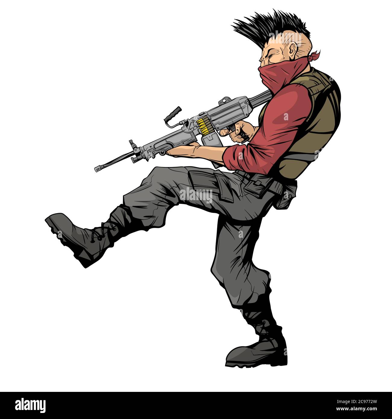 A criminal in military clothes with a mask on his face is running with ...