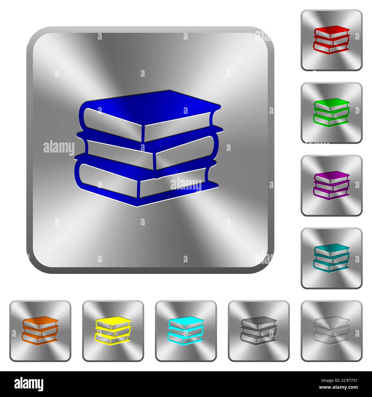 Books engraved icons on rounded square glossy steel buttons Stock ...
