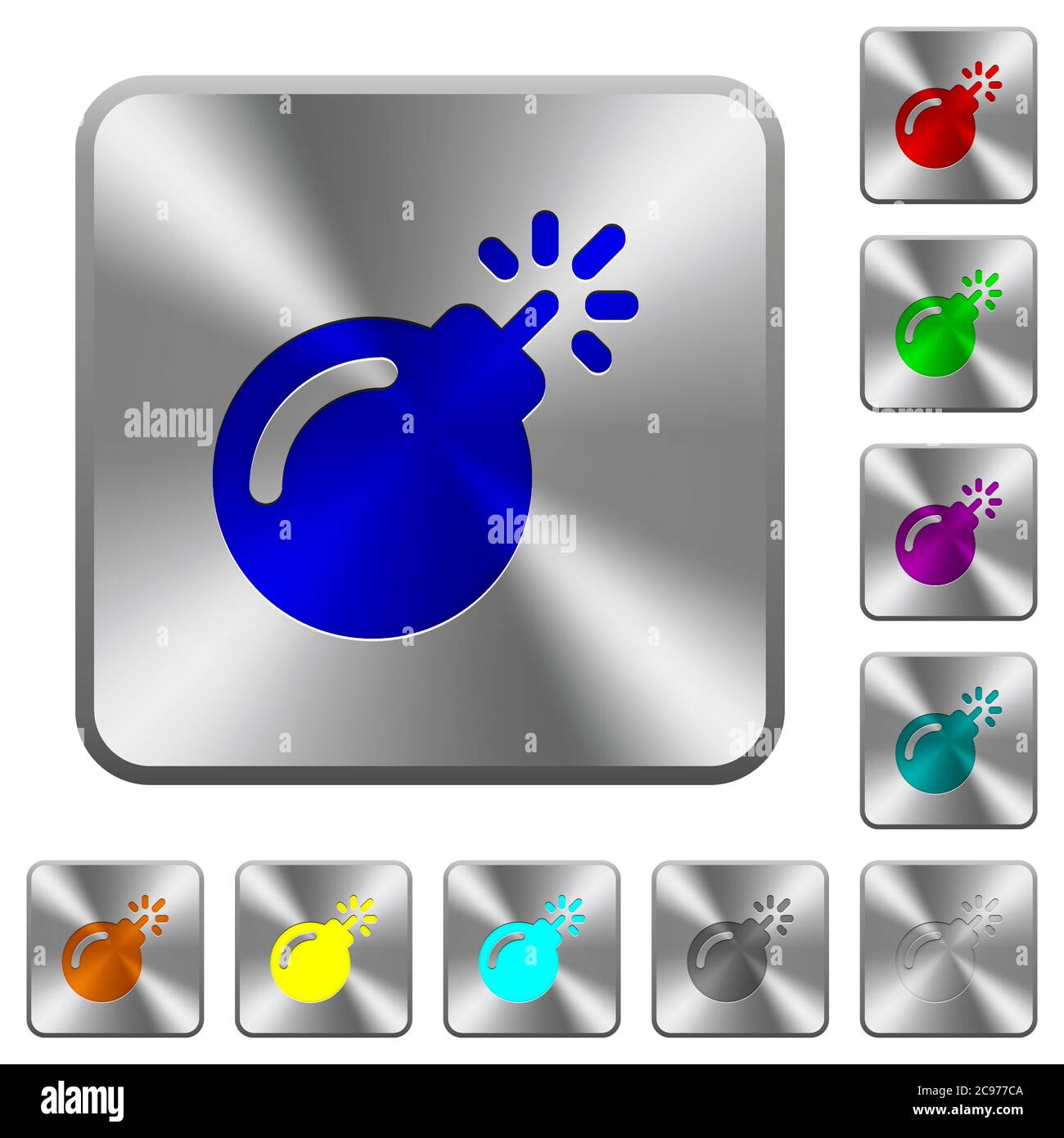 Bomb with sparkling fuse engraved icons on rounded square glossy steel ...