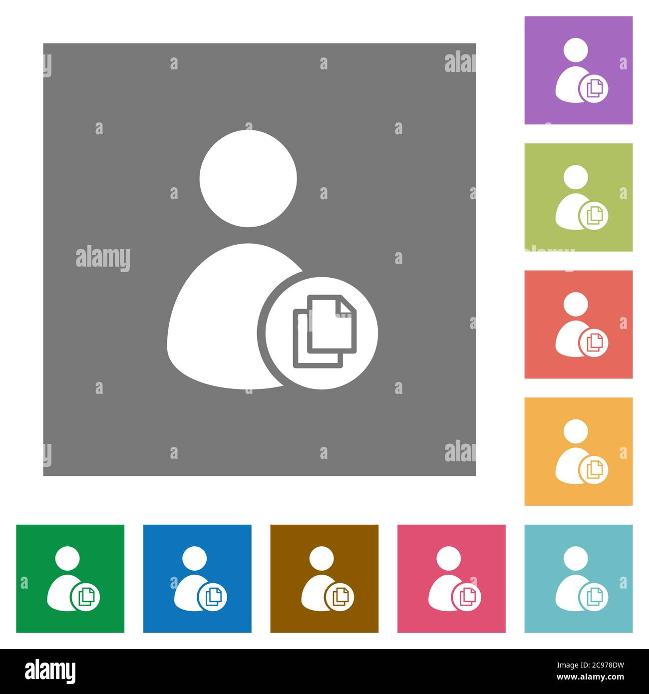 Copy user account data flat icons on simple color square backgrounds ...