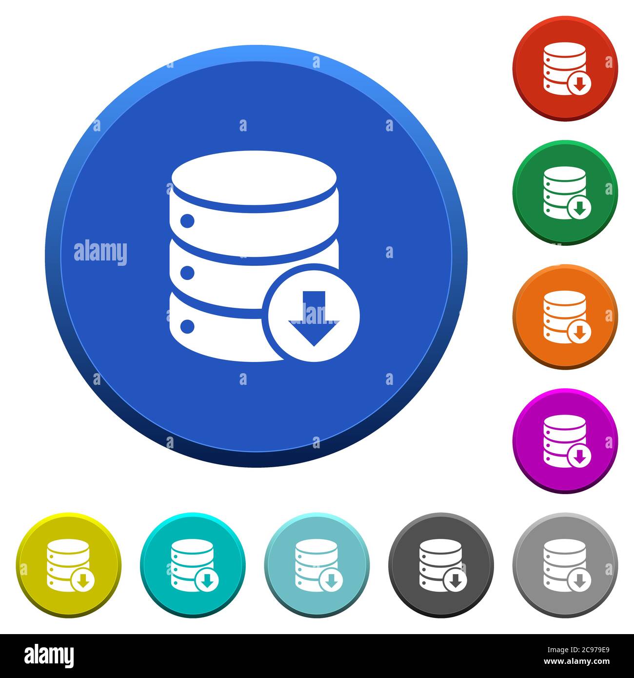 Backup database round color beveled buttons with smooth surfaces and flat white icons Stock ...