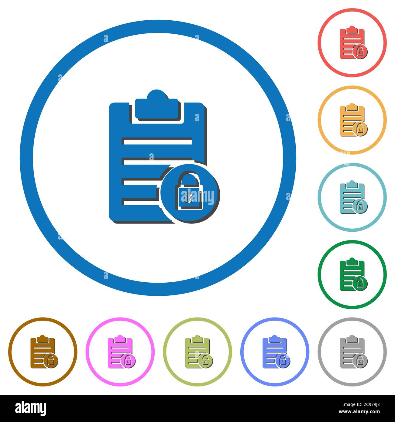 Note lock flat color vector icons with shadows in round outlines on ...