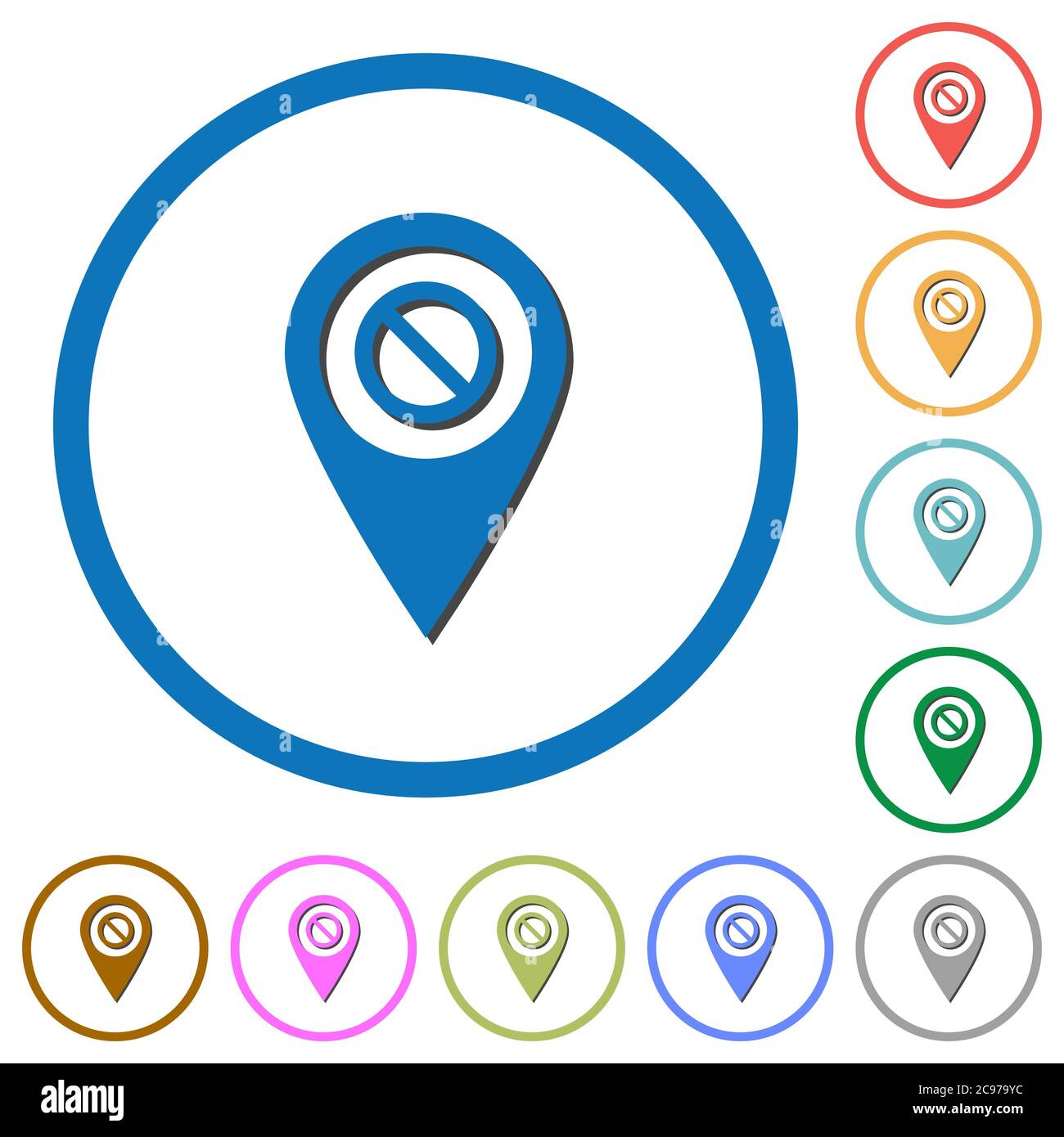 Disabled GPS map location flat color vector icons with shadows in round outlines on white ...