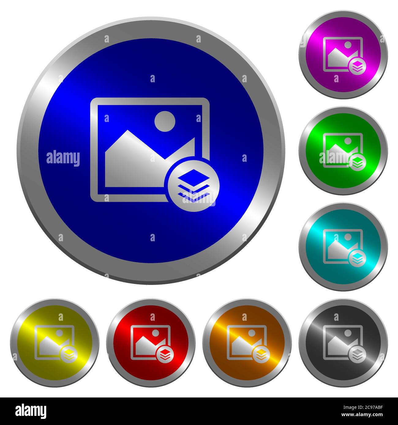 Image layers icons on round luminous coin-like color steel buttons ...