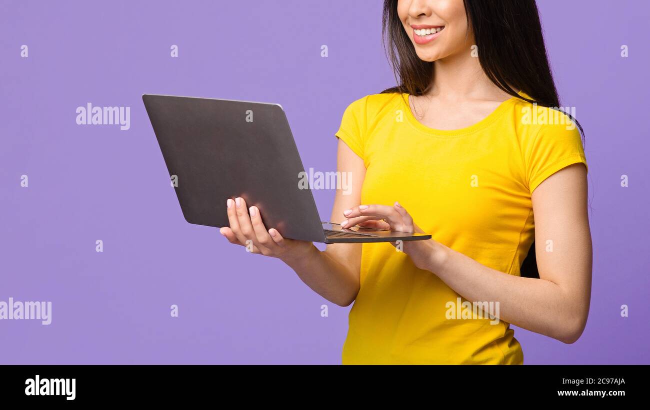 Online Job Opportunities. Smiling Woman Browsing Recruiting Website On ...