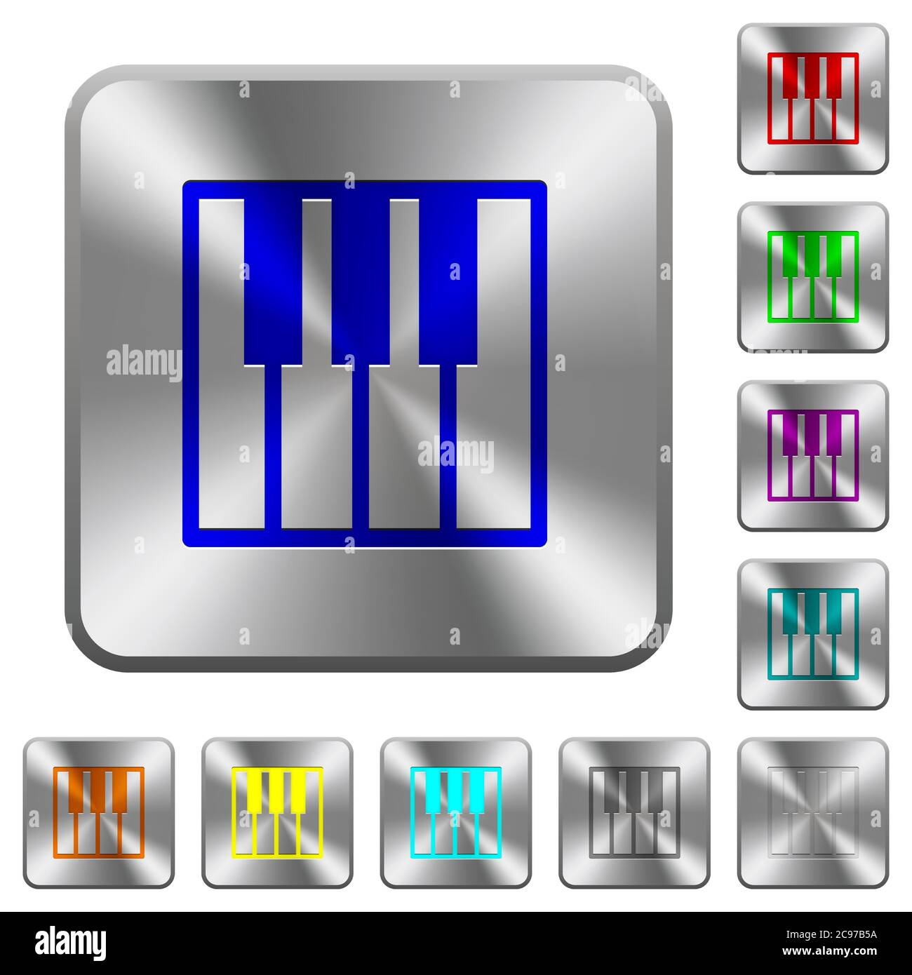 Piano keyboard engraved icons on rounded square glossy steel buttons ...