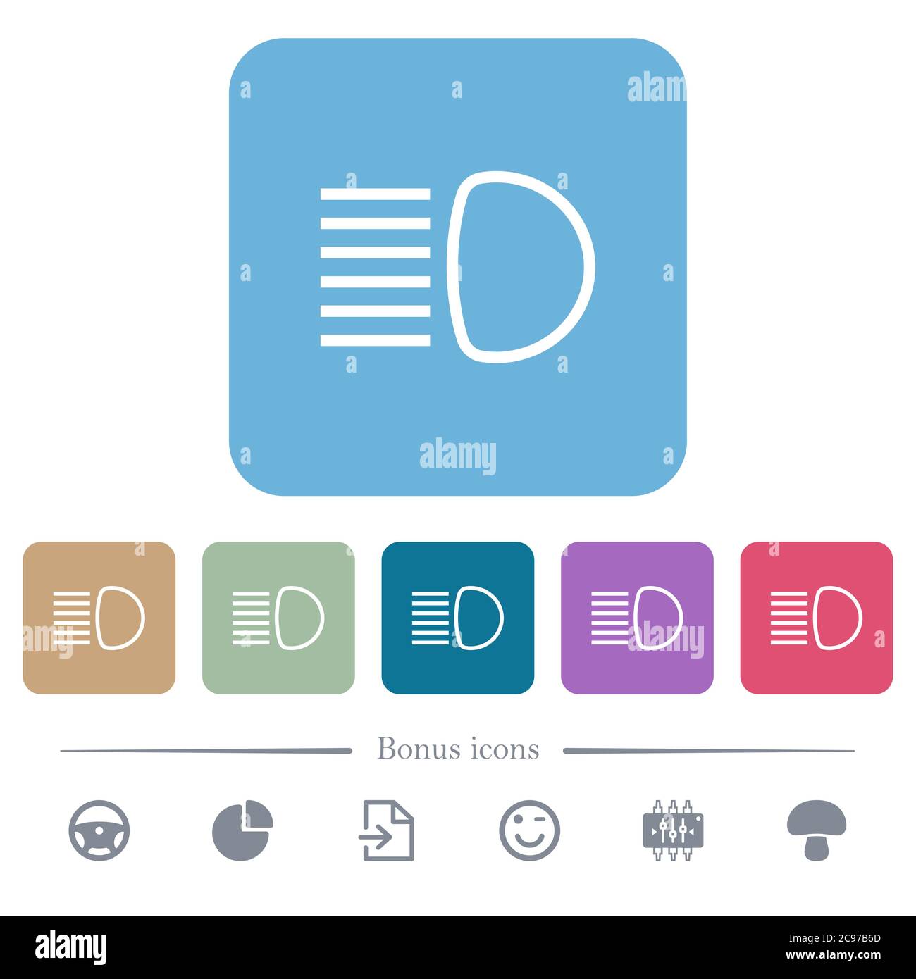 Main beam headlights indicator white flat icons on color rounded square ...