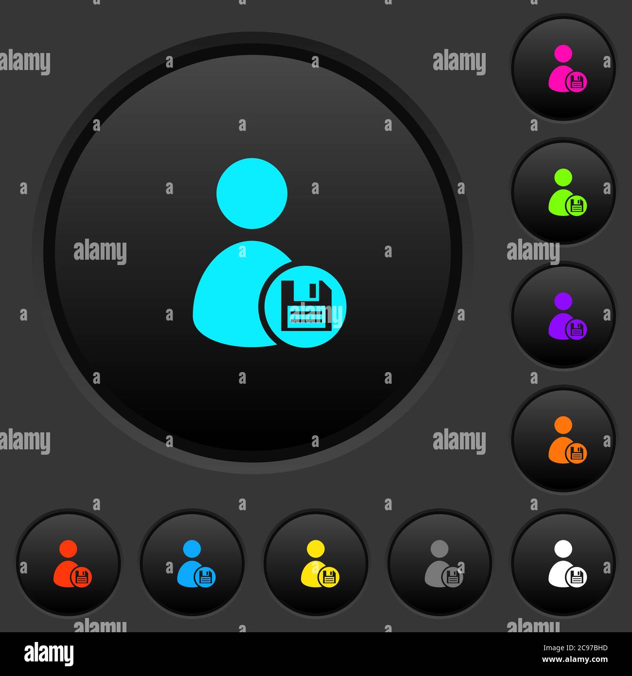 Save user account dark push buttons with vivid color icons on dark grey ...