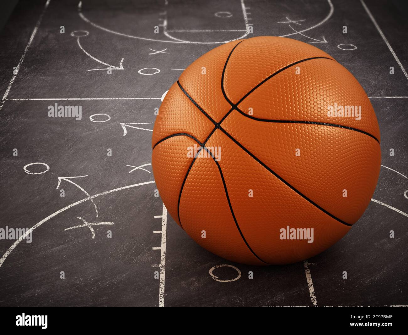 Basketball standing on game strategy blackboard. 3D illustration Stock ...