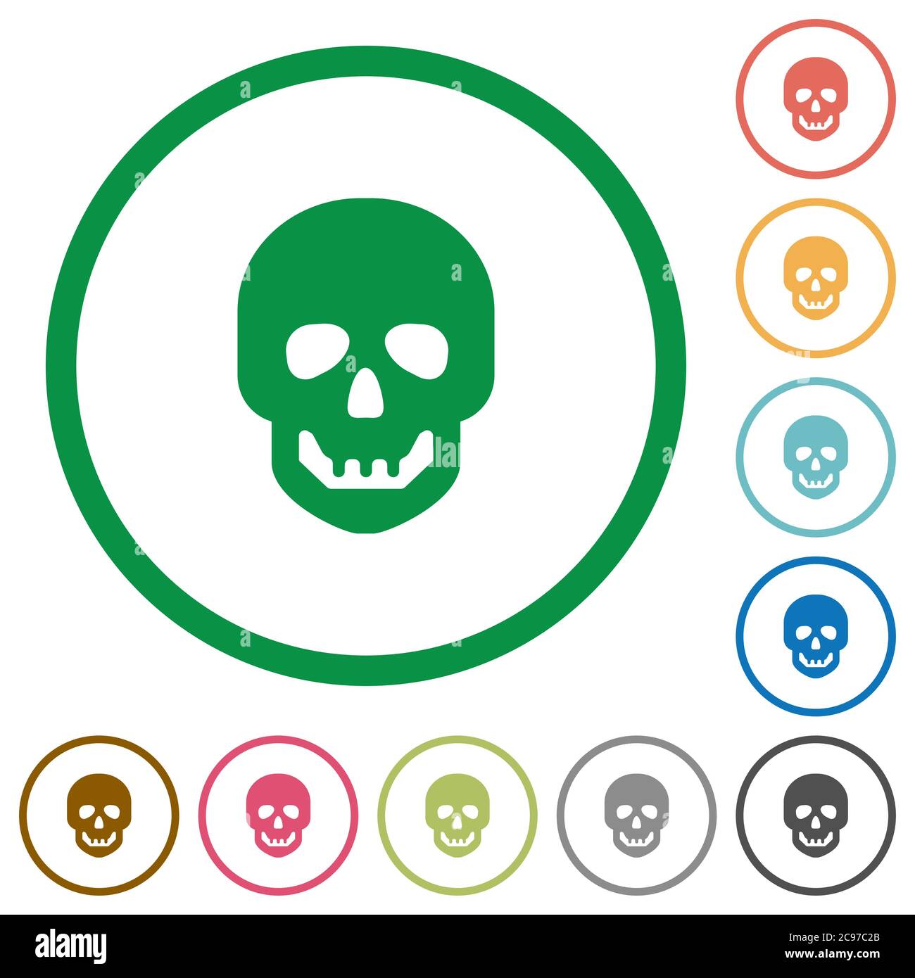 Human skull flat color icons in round outlines on white background ...