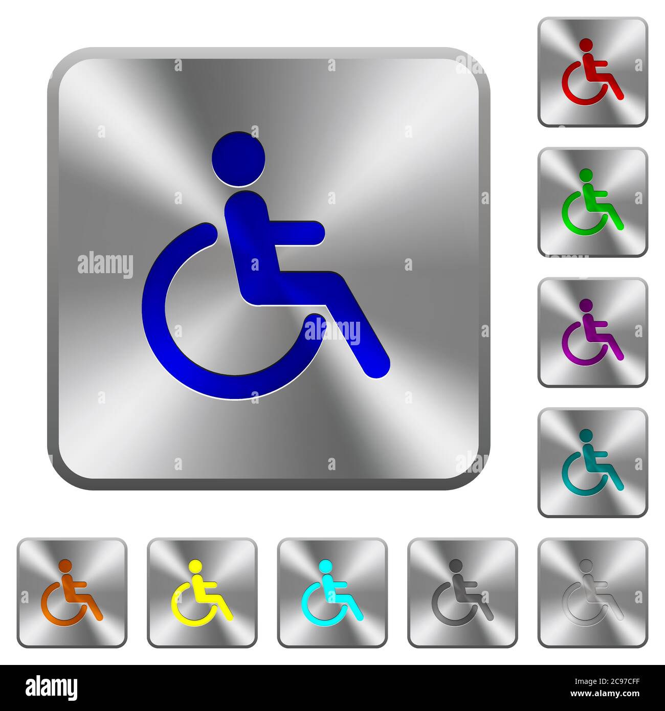 Disability engraved icons on rounded square glossy steel buttons Stock ...