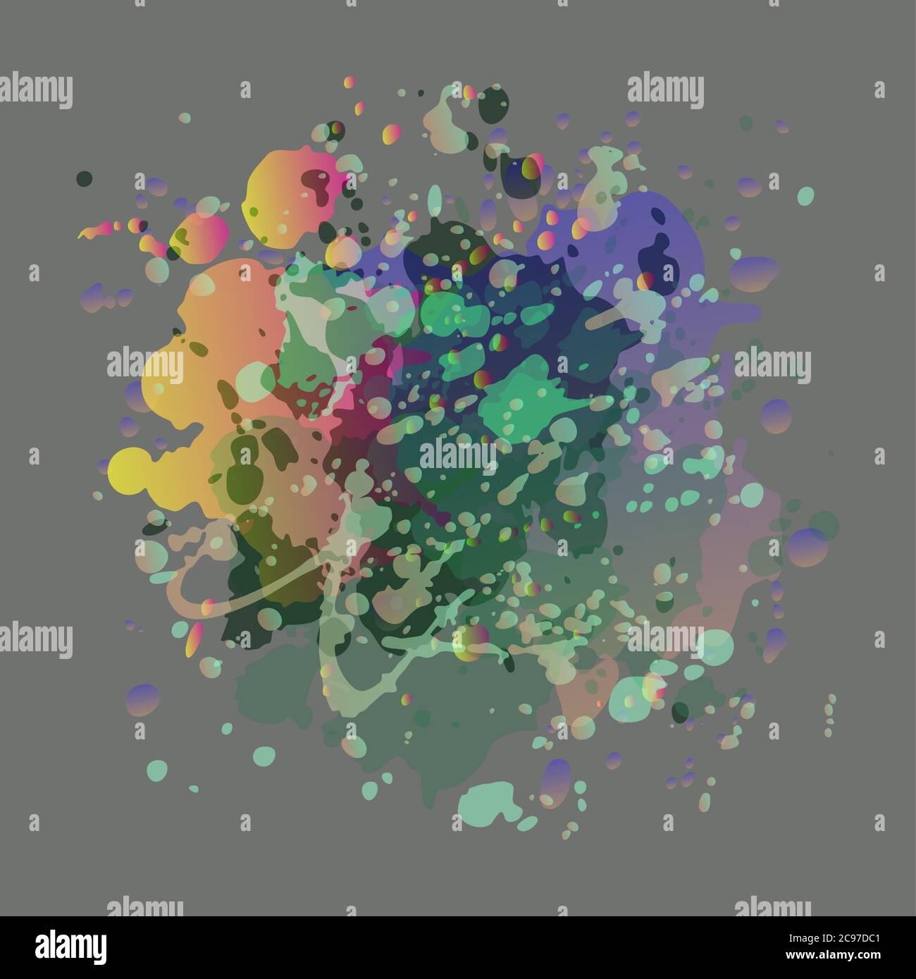 Drops of paint yellow, pink, purple and turquoise colors on a gray ...