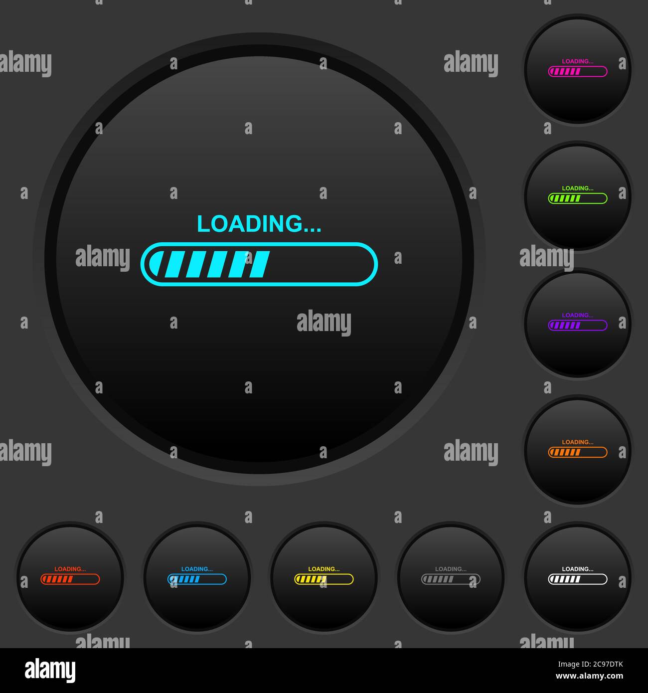 Loading dark push buttons with vivid color icons on dark grey ...