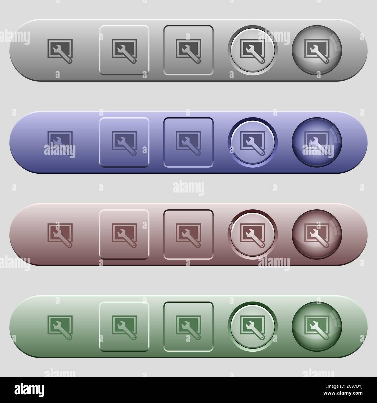 Screen settings icons on rounded horizontal menu bars in different colors and button styles ...